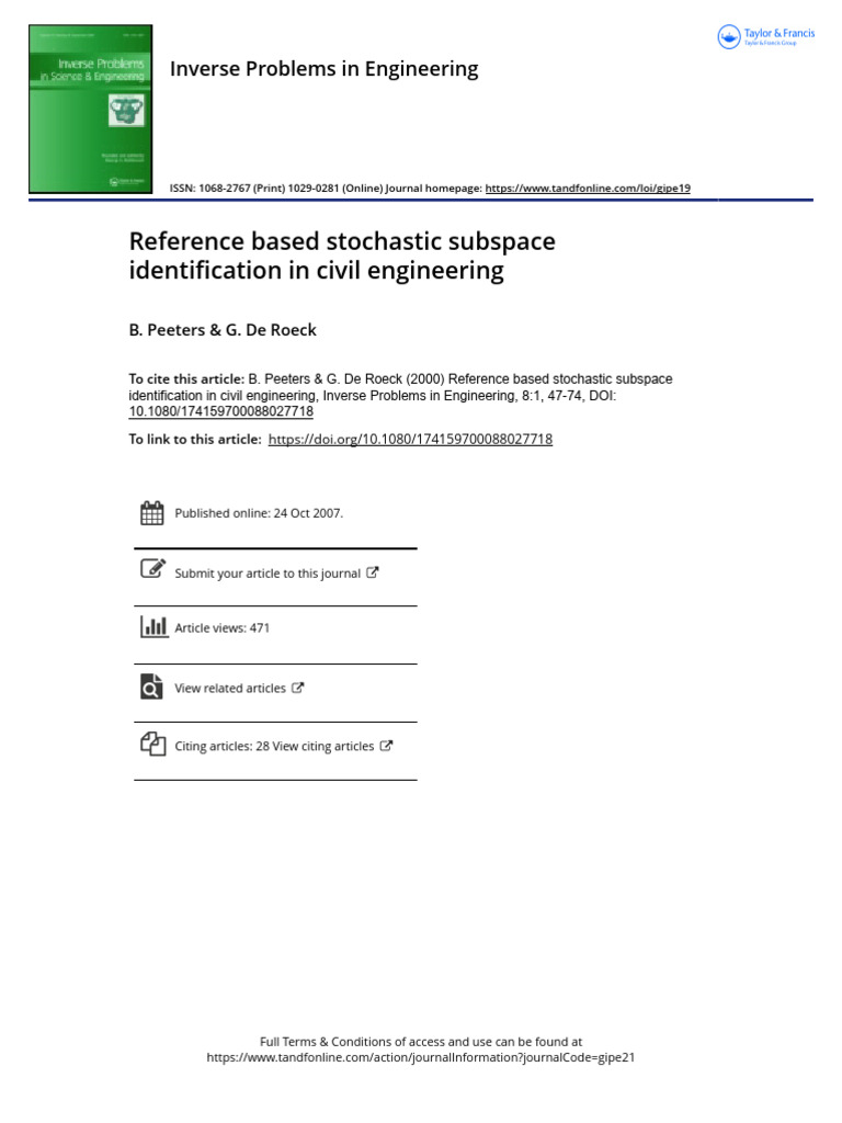 1999 Peeters Reference Based Stochastic Subspace Identification In Civil Engineering Pdf