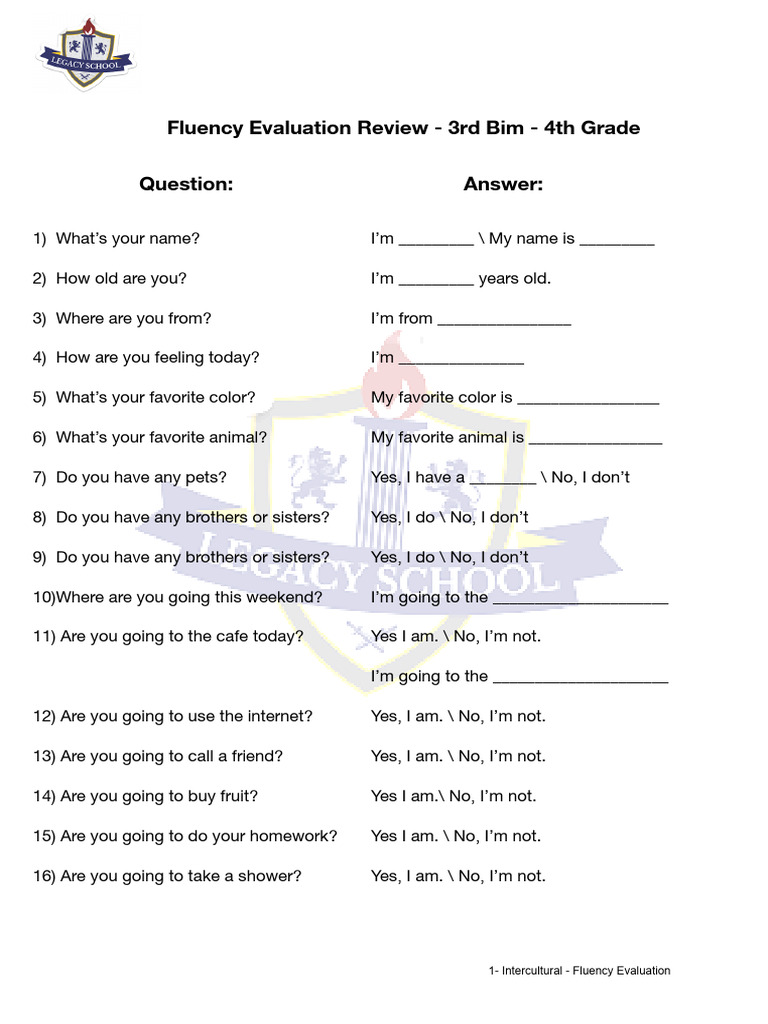 Fluency Evaluation 3rd Bim 4th Grade | PDF