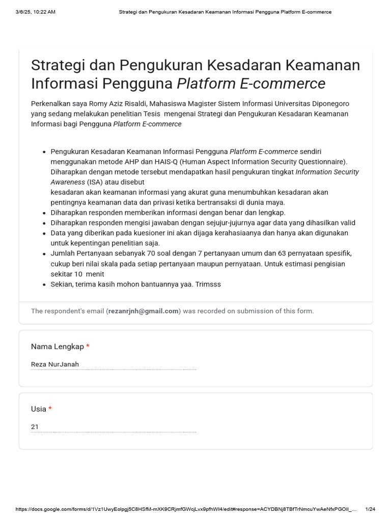 Pengukuran Kesadaran Keamanan Informasi Pengguna Platform E-Commerce - Google Forms Sample | PDF