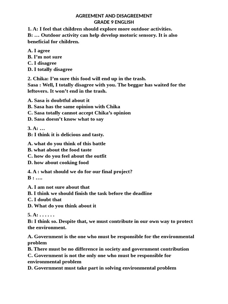 Agreement and Disagreement Exercises | PDF