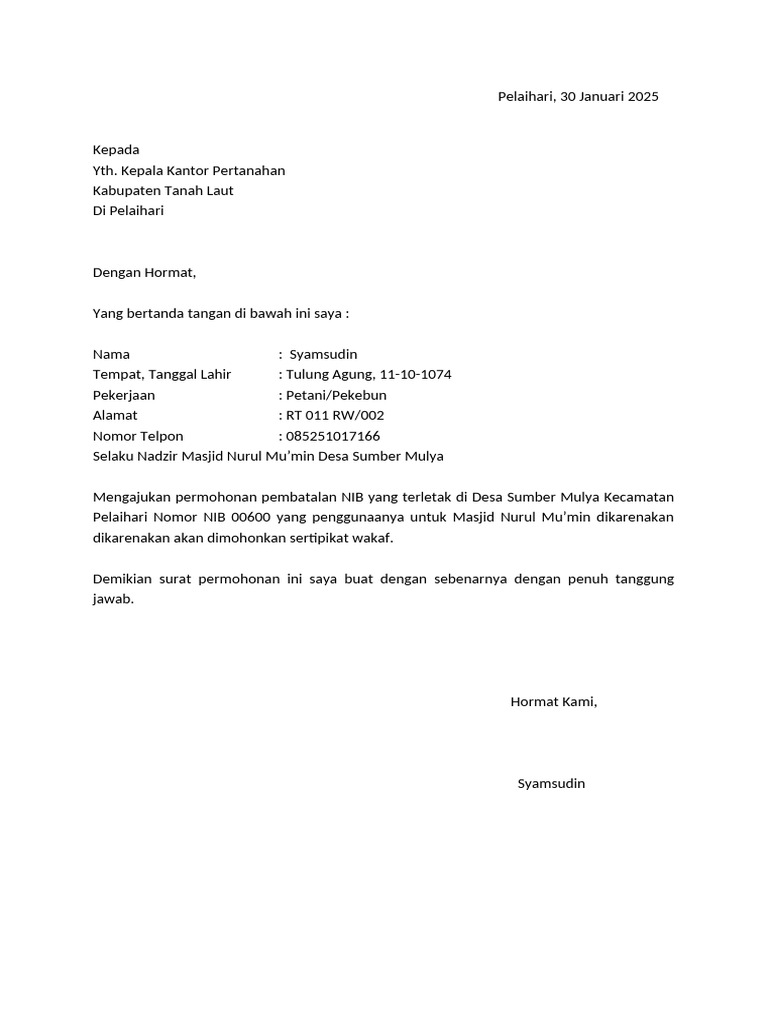 Surat Permohonan Pembatalan NIB | PDF