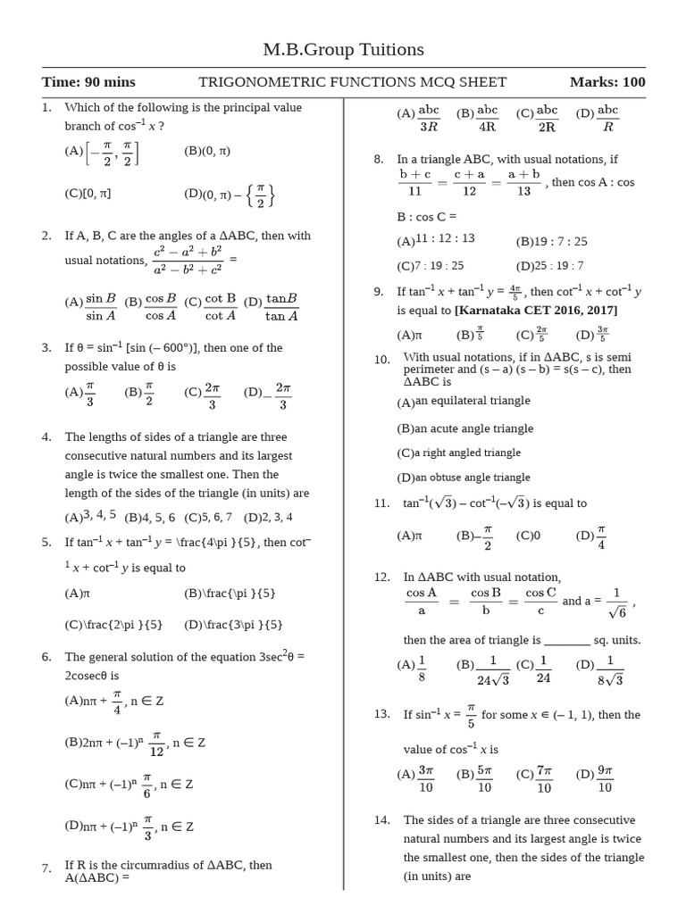 Oup Tuitions TRIGONOMETRIC FUNCTIONS CLASS PRACTISE SHEET | PDF | Triangle | Trigonometric Functions