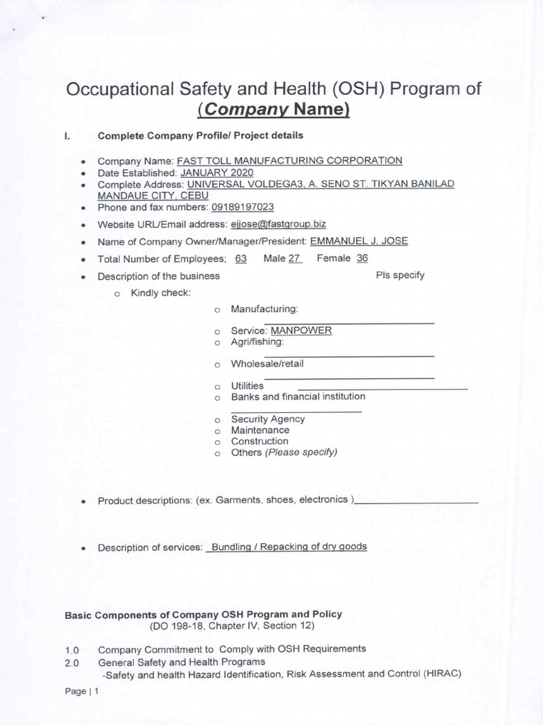 Occupational Safety & Health Program of Fast Toll Manufacturing ...