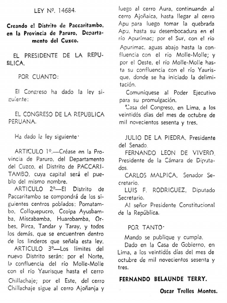 Ley Paccaritambo N° 14684 | PDF