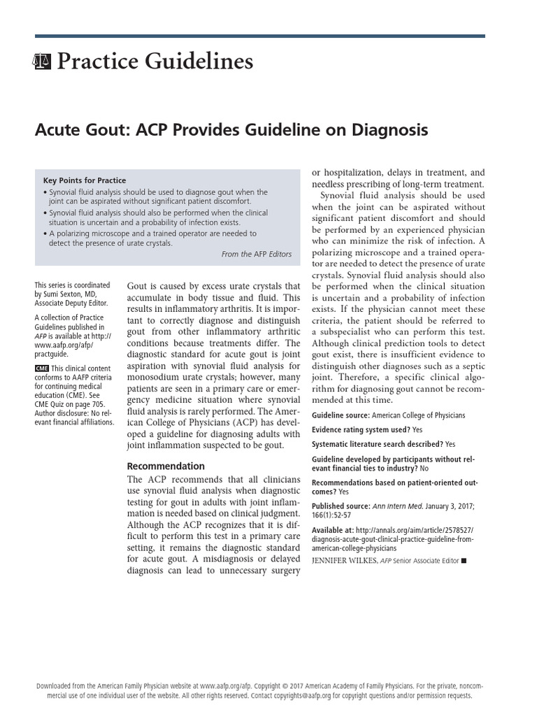 Acute Gout: ACP Provides Guideline On Diagnosis | PDF | Gout | Medical ...