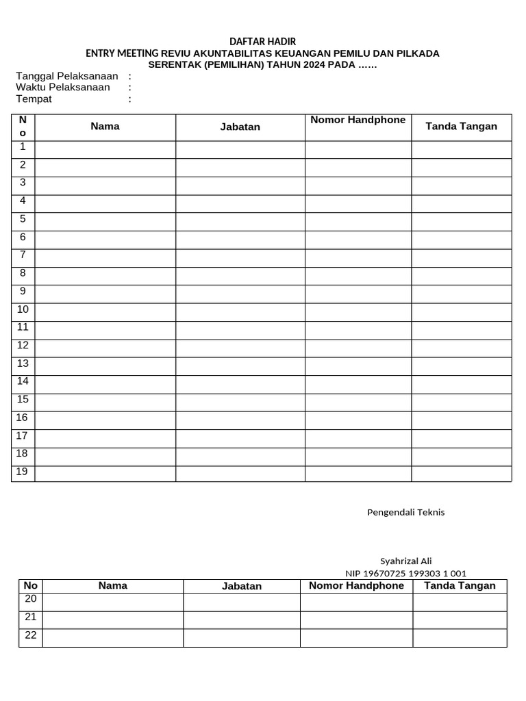 Daftar Hadir Entry Meeting | PDF