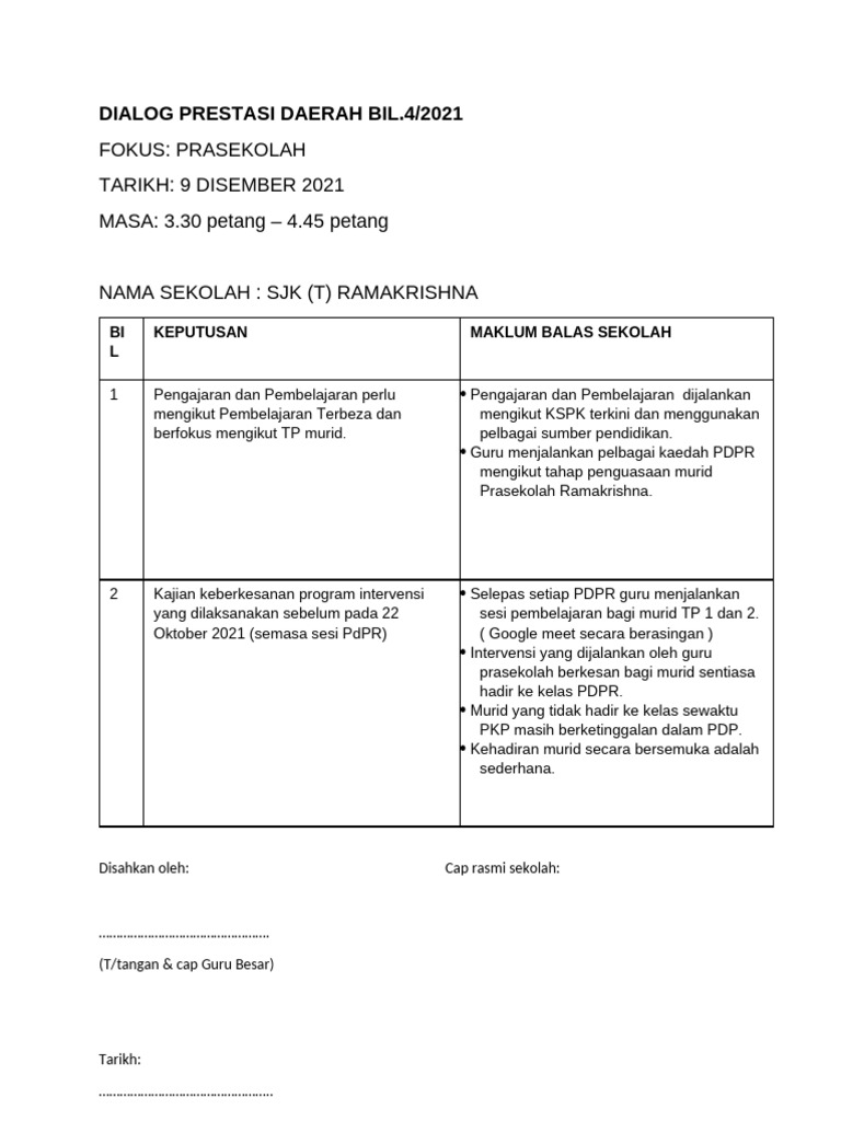 Borang Maklum Balas Prasekolah | PDF