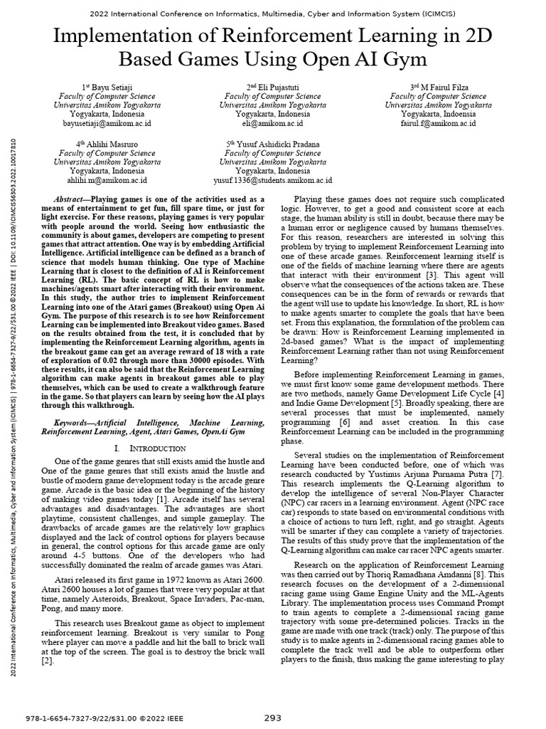 Implementation of Reinforcement Learning in 2D Based Games Using Open AI Gym | PDF