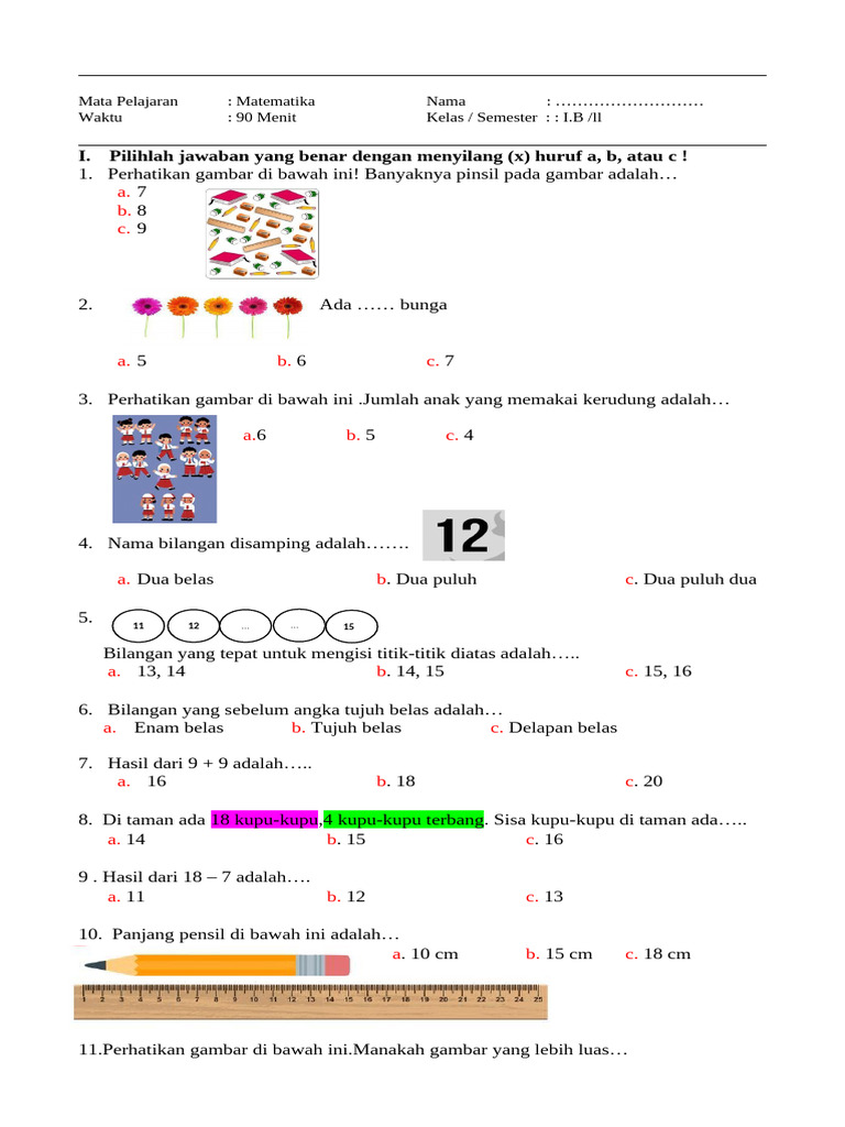 Kisi Dan Soal PTS MTK KLS 1 SMTR 2 | PDF