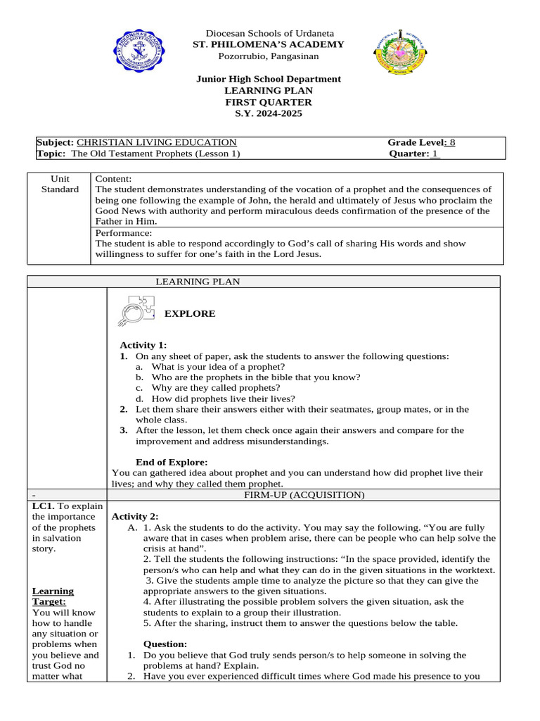 Cle 8 Learning Plan Quarter 1 | PDF | Jesus | The Gospel