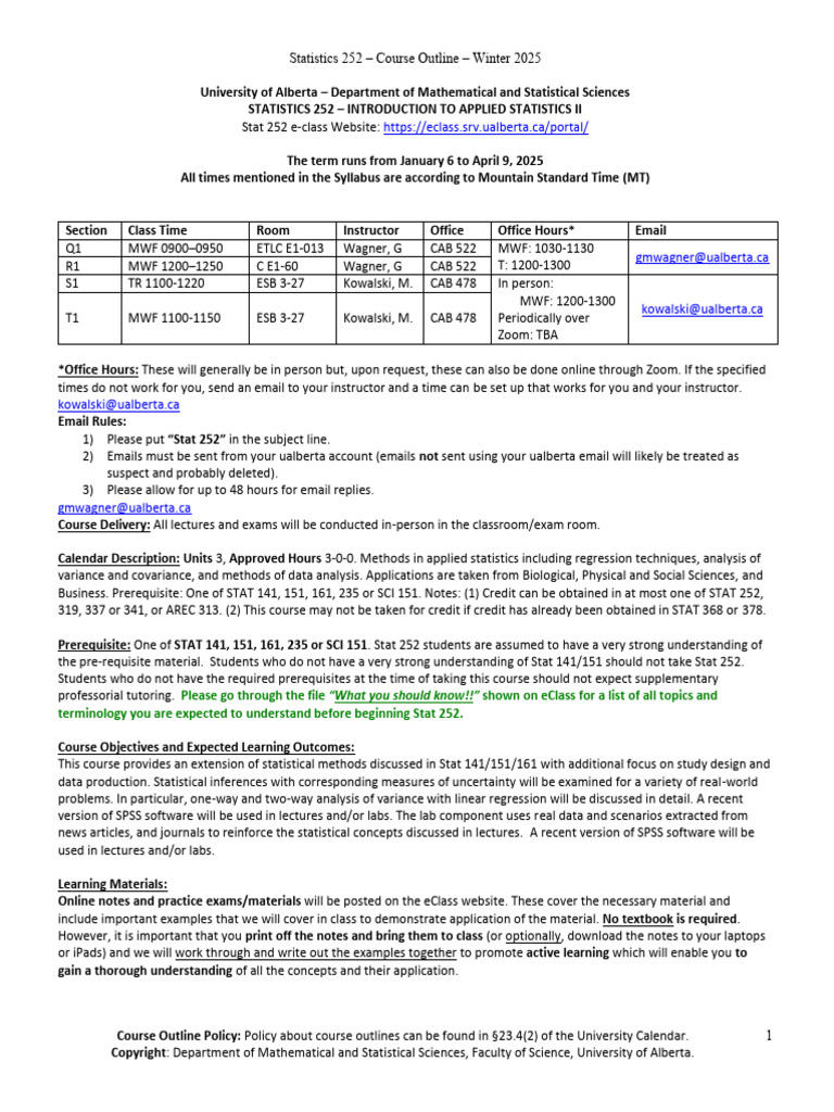 STAT 252 2025 Winter Common Syllabus 1 | PDF | Statistics | Regression Analysis
