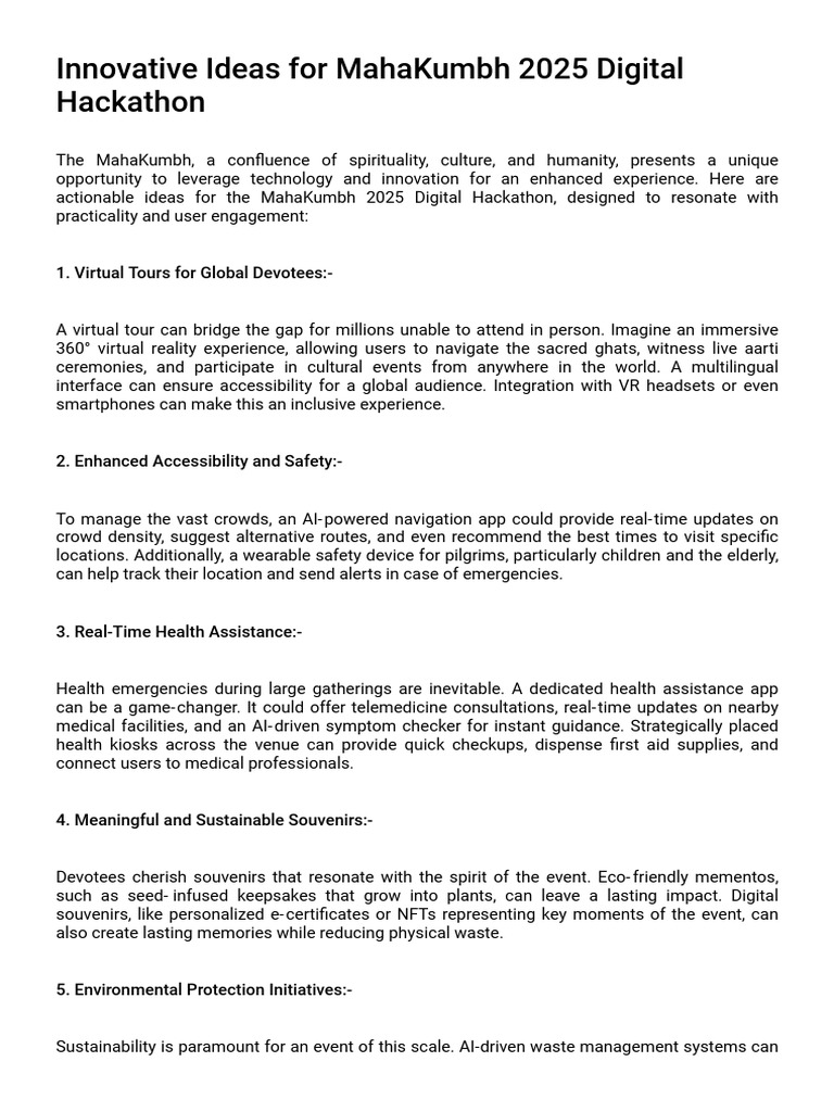 Innovative Ideas For Mahakumbh 2025 Digital Hackathon | PDF | Virtual Reality