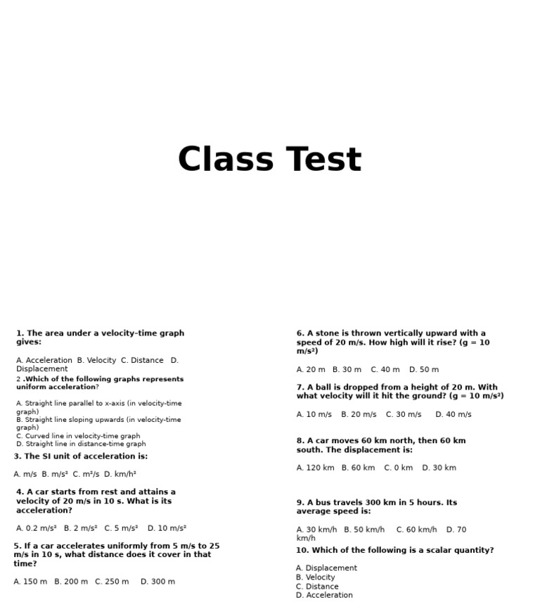Class Test On Motion | PDF