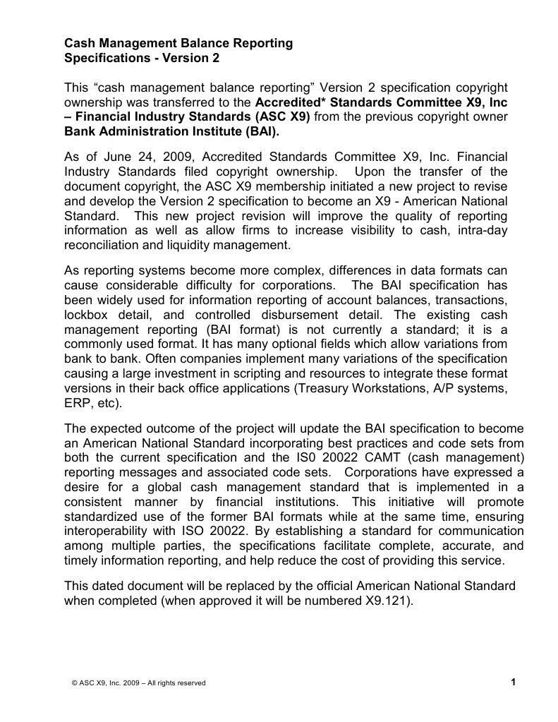 X9 BAI Codes Version 2 Cash Management Balance Reporting. | PDF ...