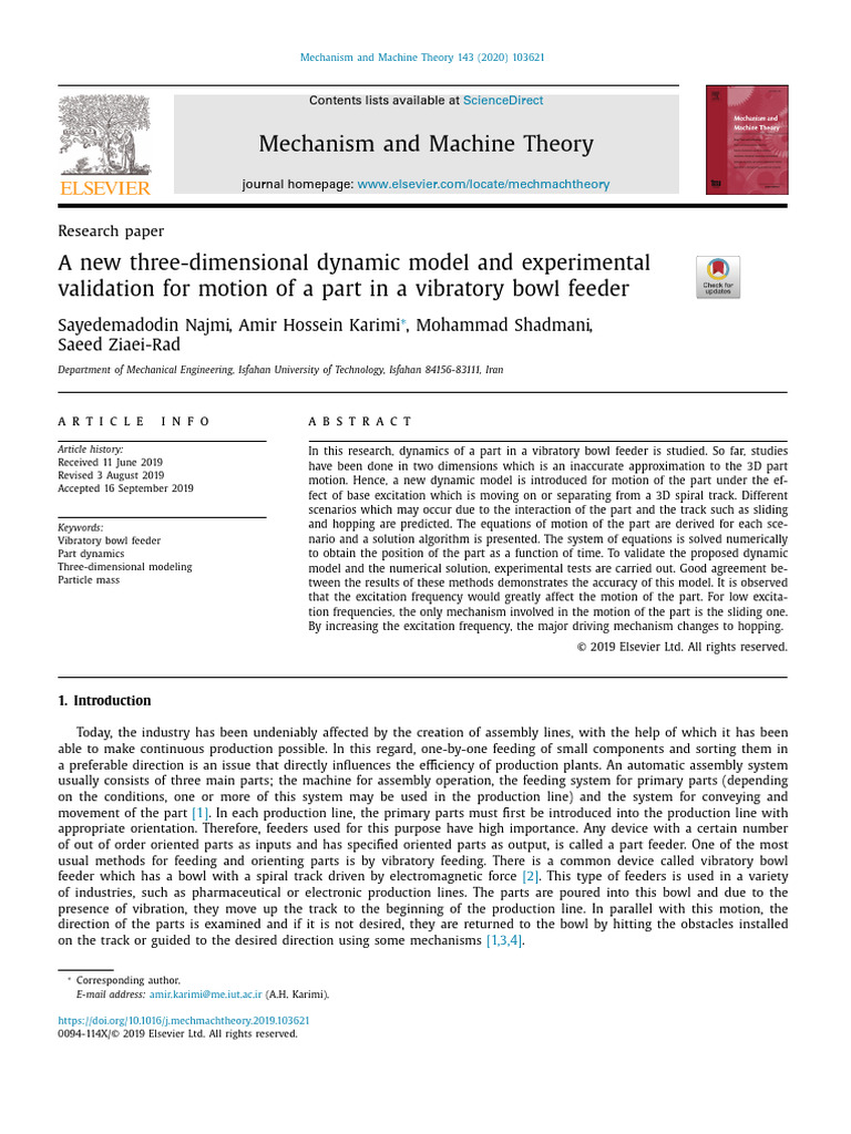 A New Three-Dimensional Dynamic Model and Experimental Validation For Motion of A Part in A ...
