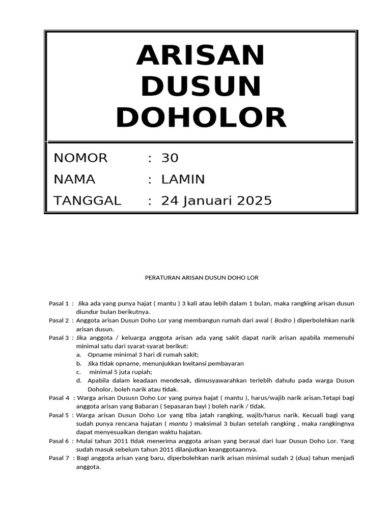 Peraturan Arisan Dusun Doho Lor | PDF