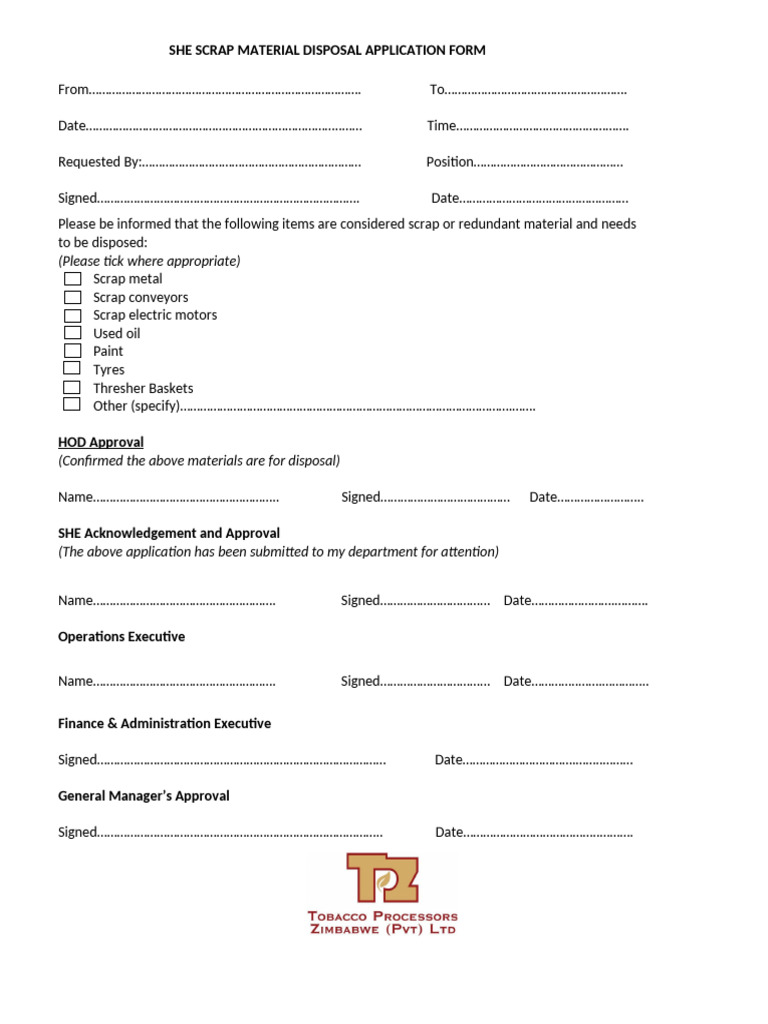 SHE Scrap Disposal Application Form | PDF