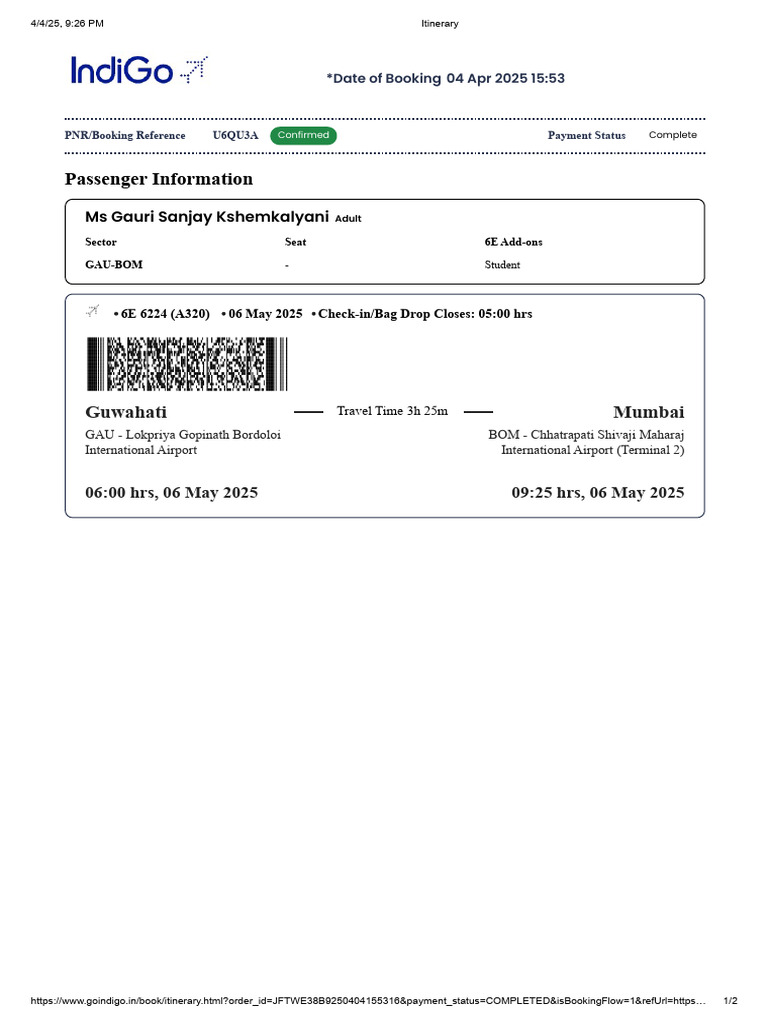 Itinerary Gauri Flight | PDF