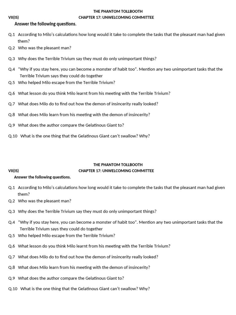 Answer The Following Questions.: The Phantom Tollbooth Vii (Is) Chapter ...