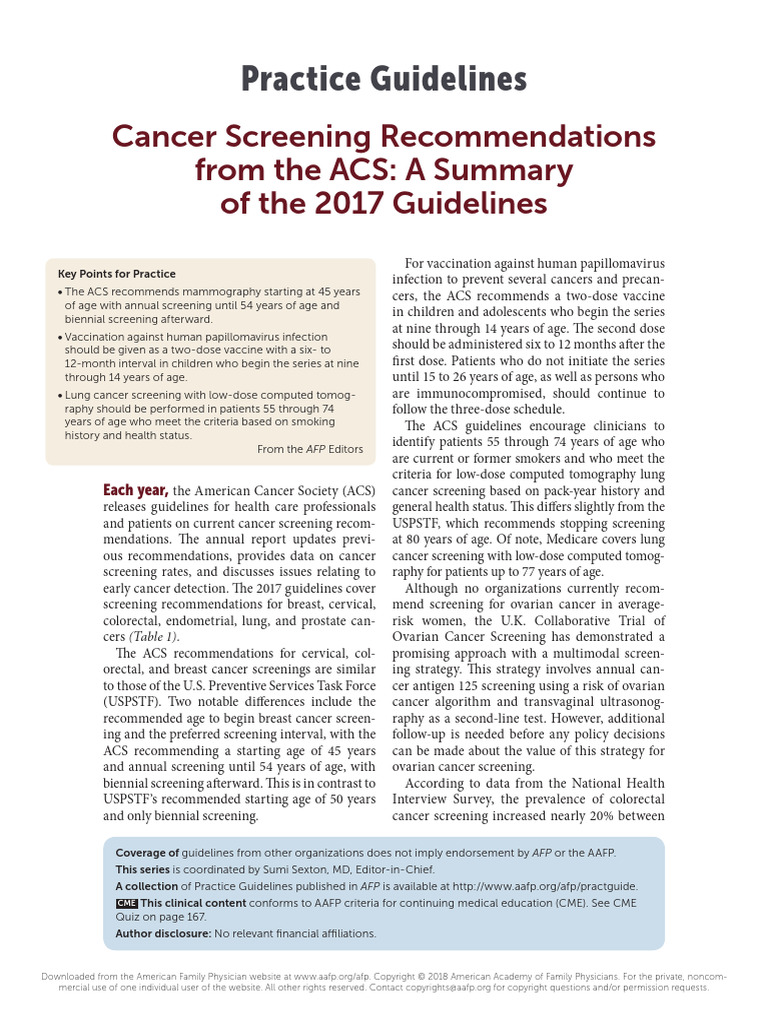 Cancer Screening Recommendations From The ACS | PDF | Cancer | Mammography