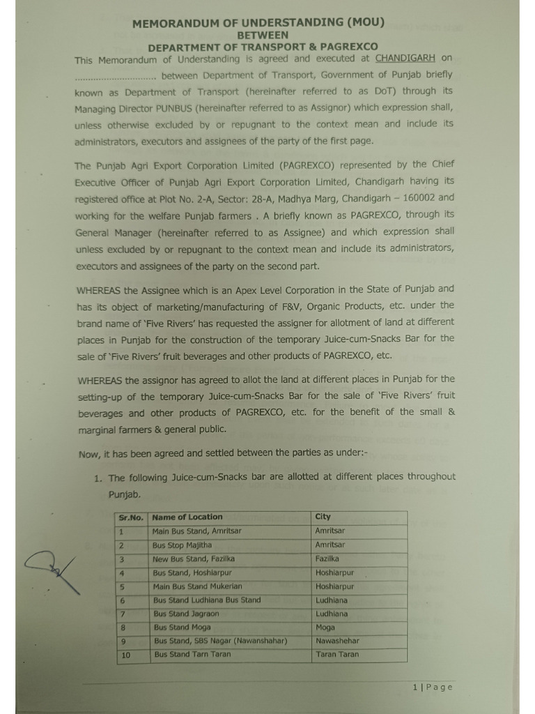 Punbus Transport Agreement | PDF