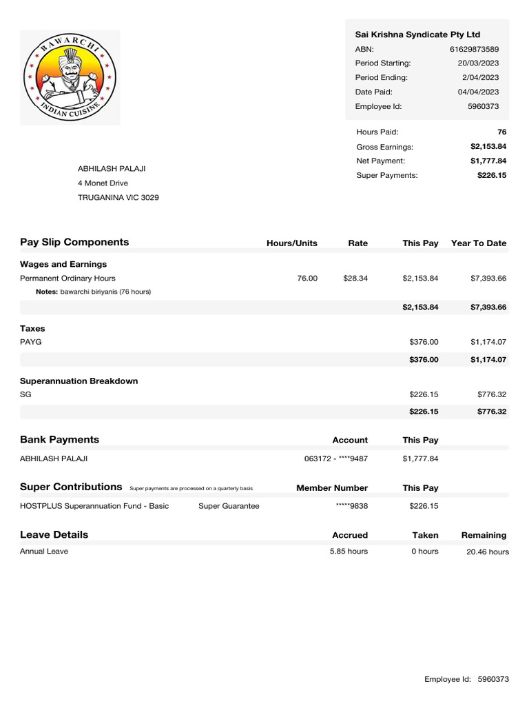Sai Krishna Syndicate Pay Slips Summary | PDF | Employment Compensation ...