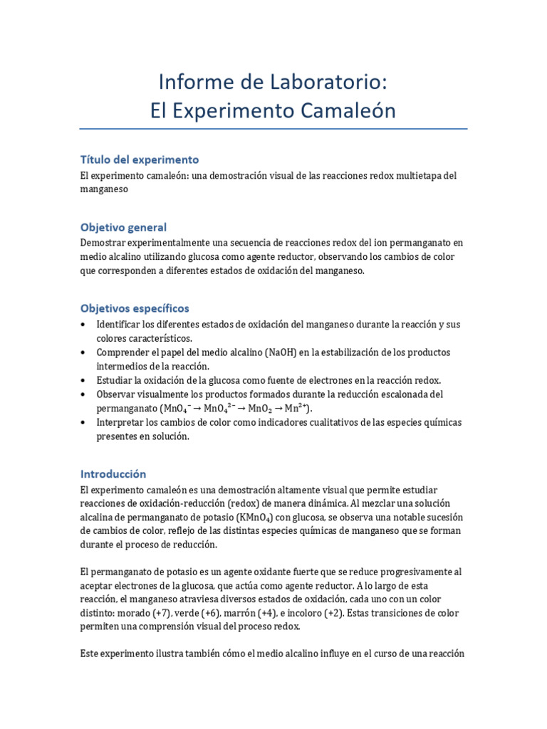 Informe Experimento Camaleon | PDF | Redox | Hidróxido de sodio
