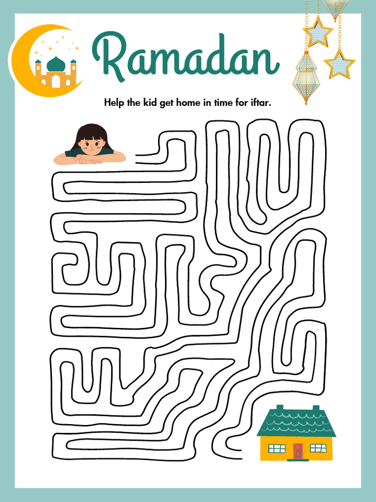 Ramadan Maze Game Worksheet in Green Orange Simple Style | PDF