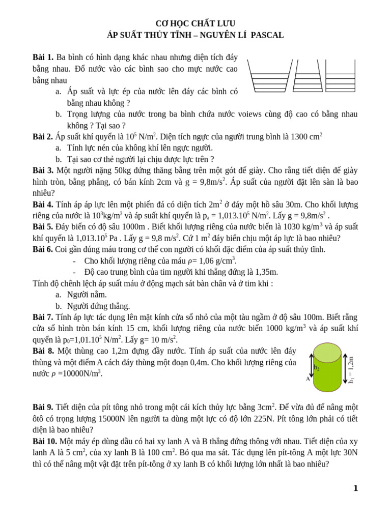 Tự Luận.áp Suất Thủy Tĩnh - Nguyên Lí Pascal | PDF