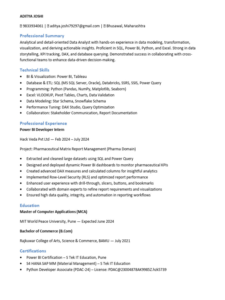 Aditya_Joshi_Data_Analyst_Resume | PDF