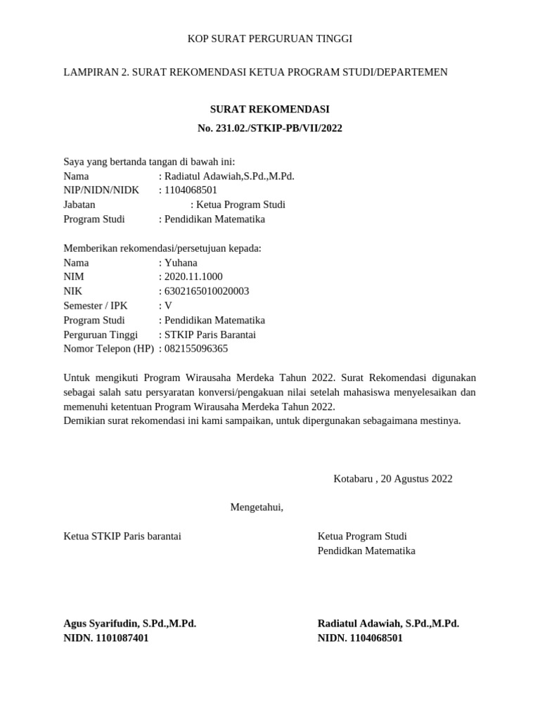 Surat Rekomendasi Program Wirausaha 2022 | PDF