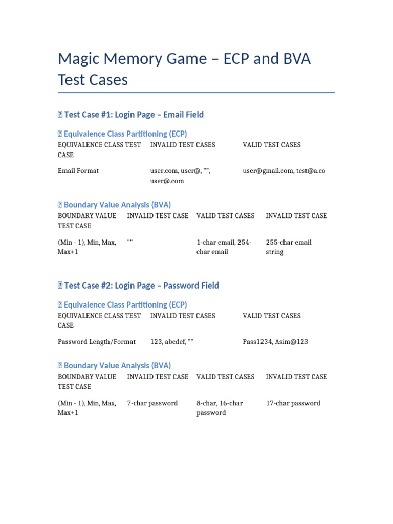 Magic Memory Game Test Cases | PDF