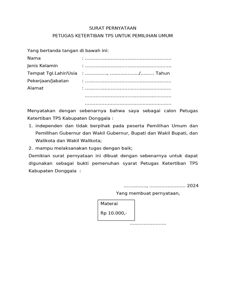 SURAT PERNYATAAN PAM TPS DESA KARYA MUKTI | PDF