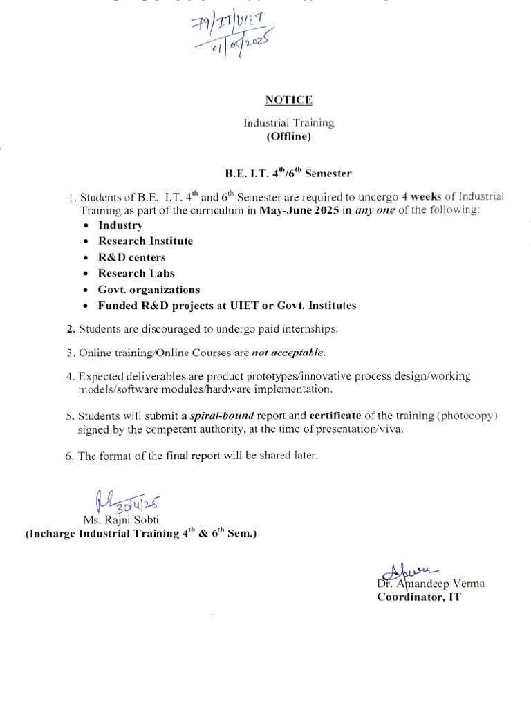 Industrial Training Notice | PDF