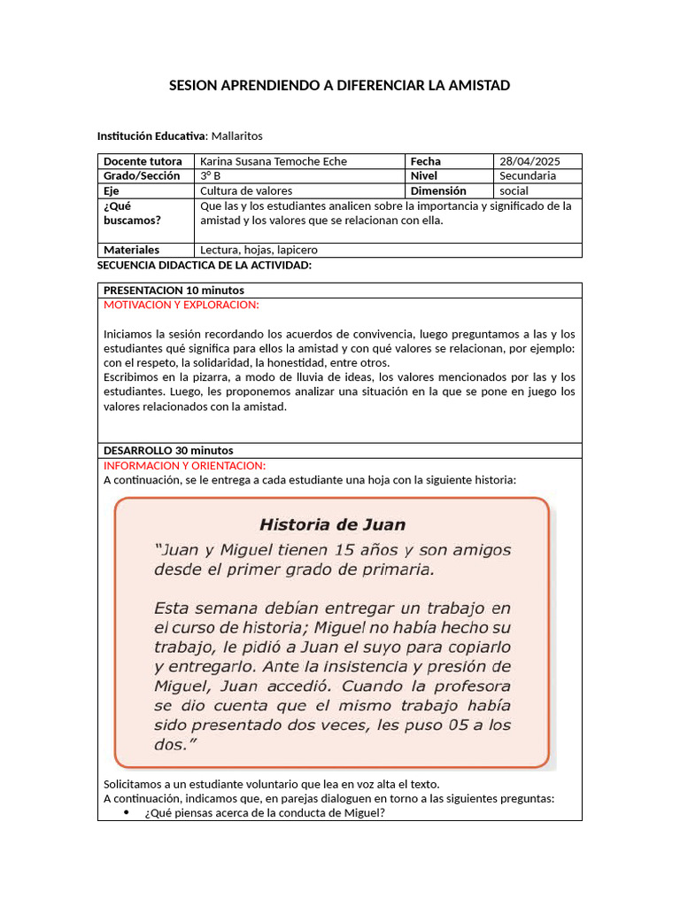 Sesion La Amistad y Sus Valores | PDF