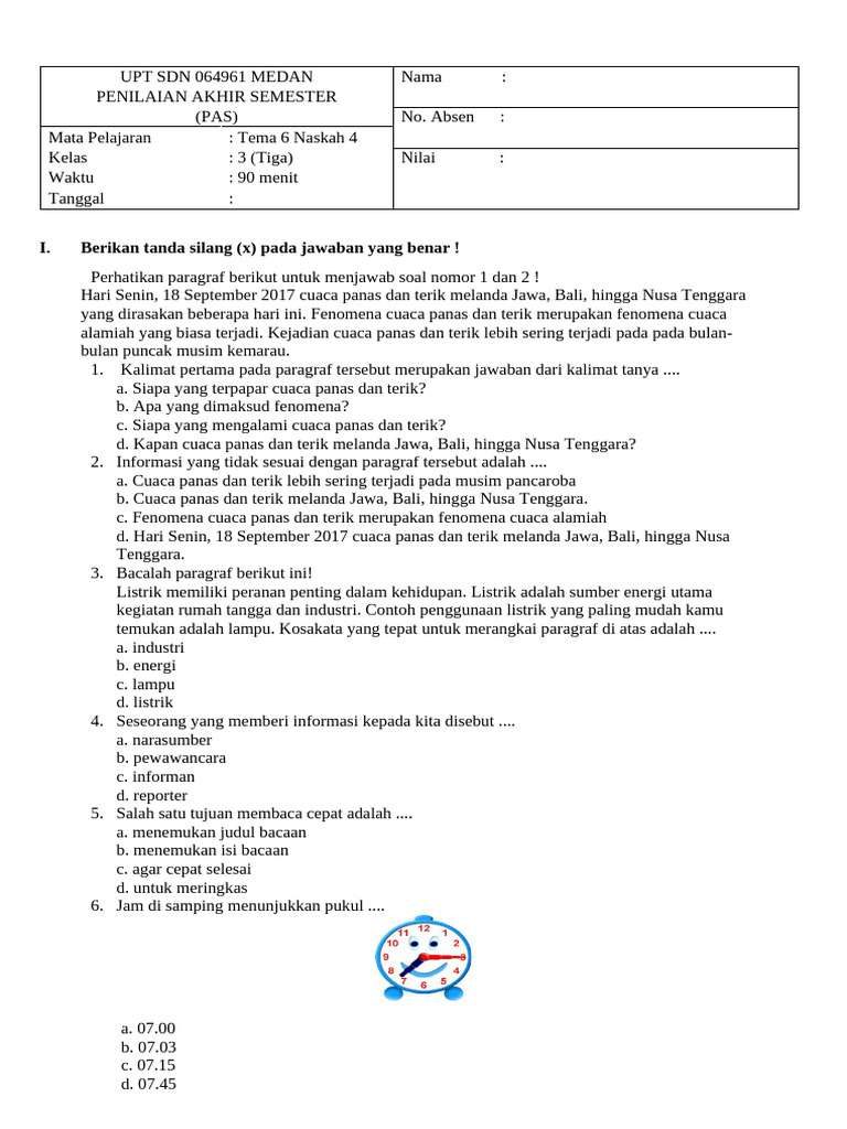 Soal Kelas 3 Tema 6 Semester 2 Naskah 4 | PDF