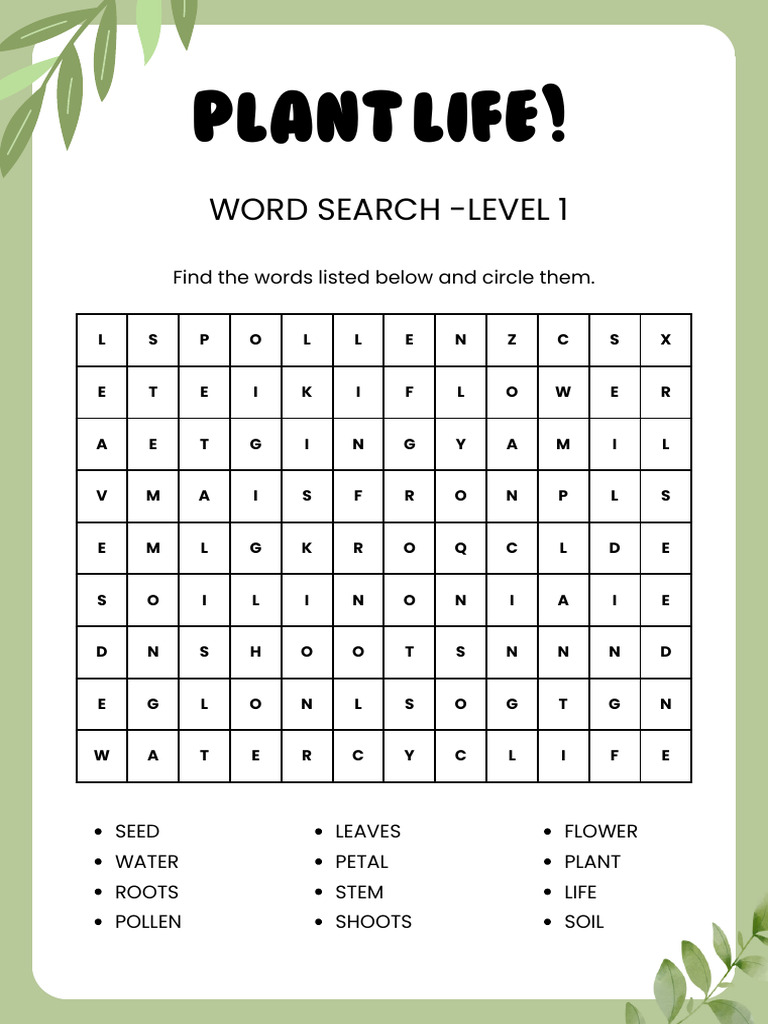 Science Plant Life Cycle Word Search Worksheet in White Green Nature ...