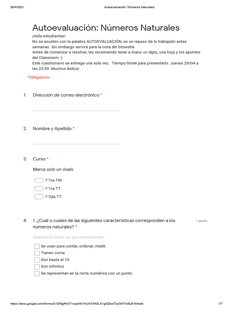 Autoevaluación - Números Naturales - Formularios de Google | PDF ...
