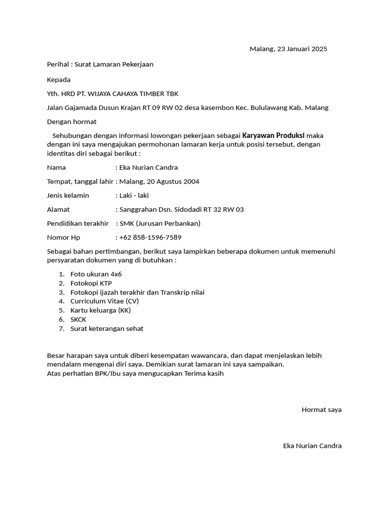 Surat Lamaran (Eka) | PDF