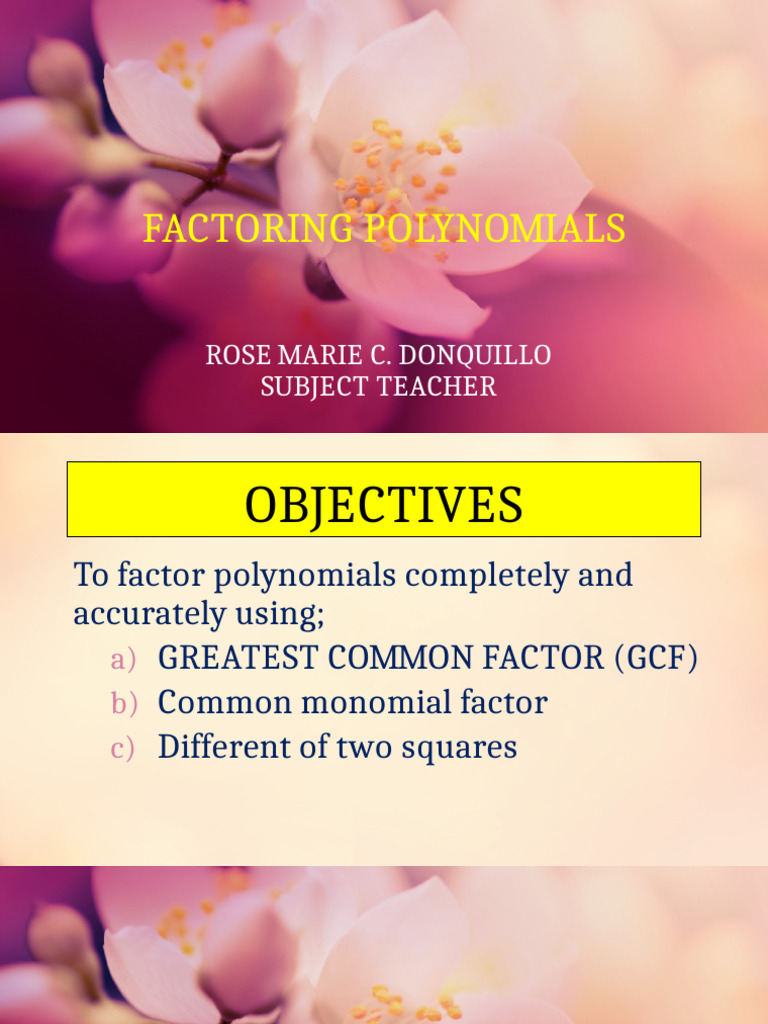 FACTORING POLYNOMIALS (Week 1) | PDF | Factorization | Polynomial