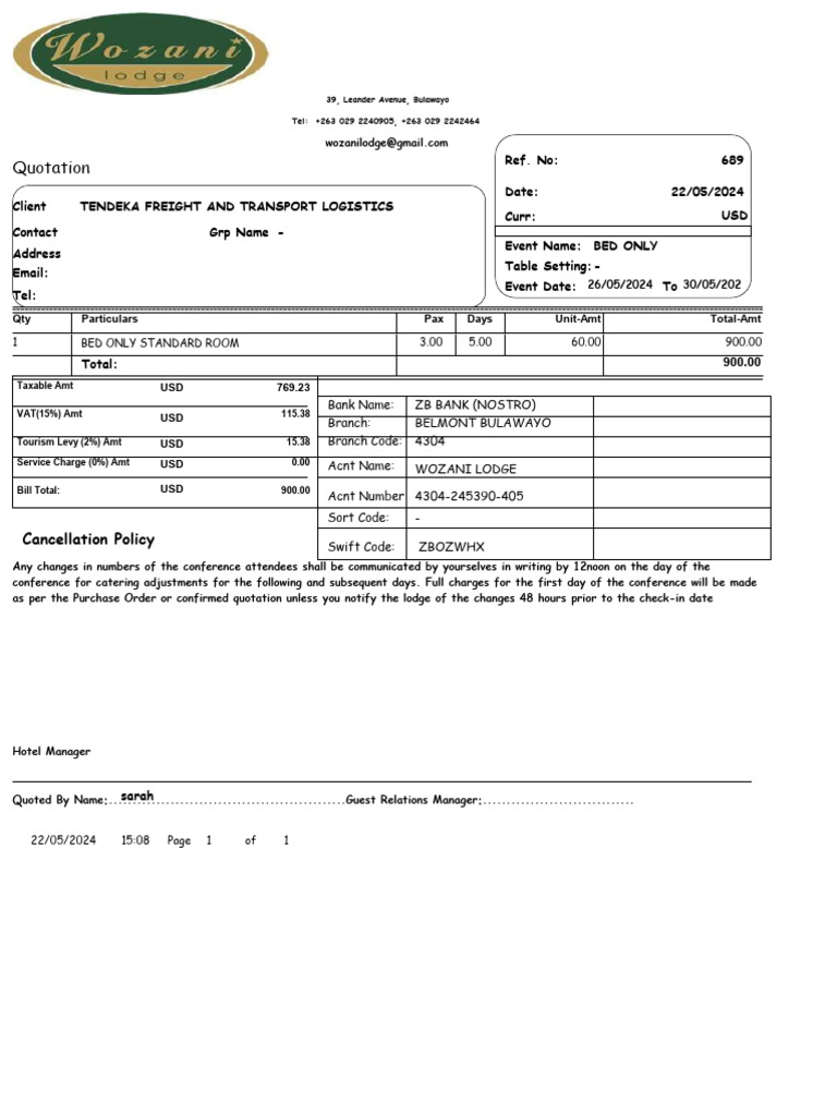 Tendeka Accom Quotation 689 | PDF | Taxes | Government Finances