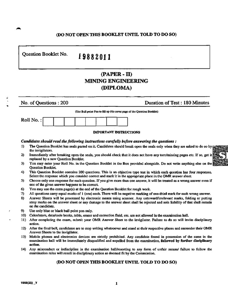 Mining Engg. Diploma Paper II | PDF