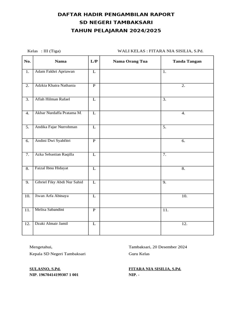 Daftar Hadir Pengambilan Raport | PDF