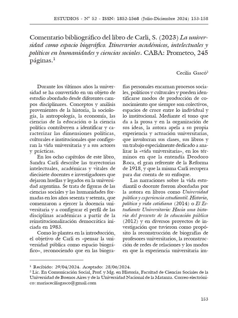 Reseña La Universidad Como Espacio Biográfico (Carli) | PDF | Enseñando | Universidad