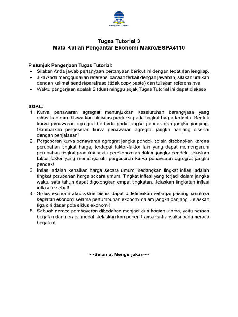 Tugas Tutorial 3 Pengantar Ekonomi Makro Ibnun Krisna Aji 051167232 | PDF