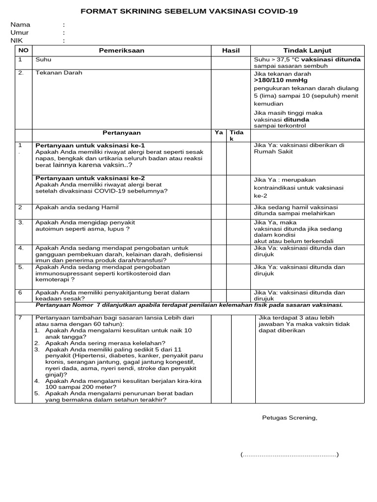 Format Skrining Sebelum Vaksinasi Covid | PDF