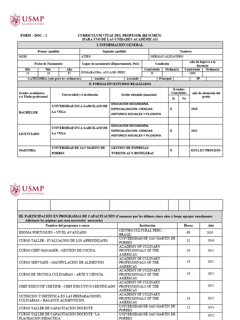 Curriculum Vitae de Germán Mori | PDF | Lima | Perú