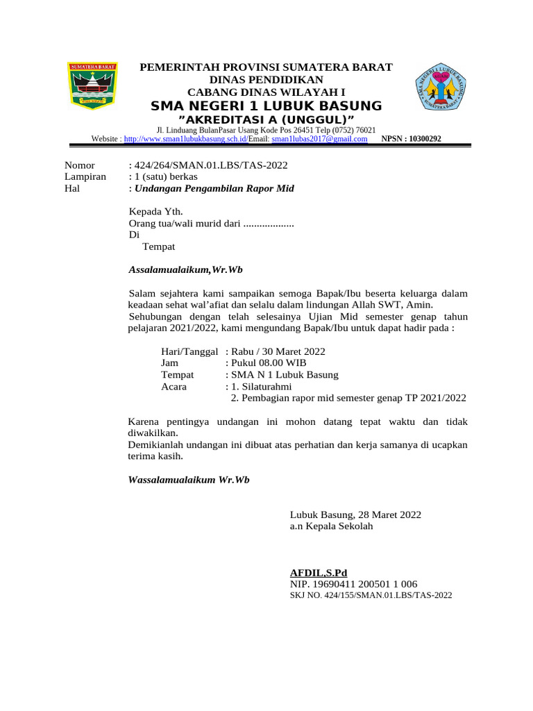 Undangan Rapat Untuk Pengambilan Rapor Mid | PDF