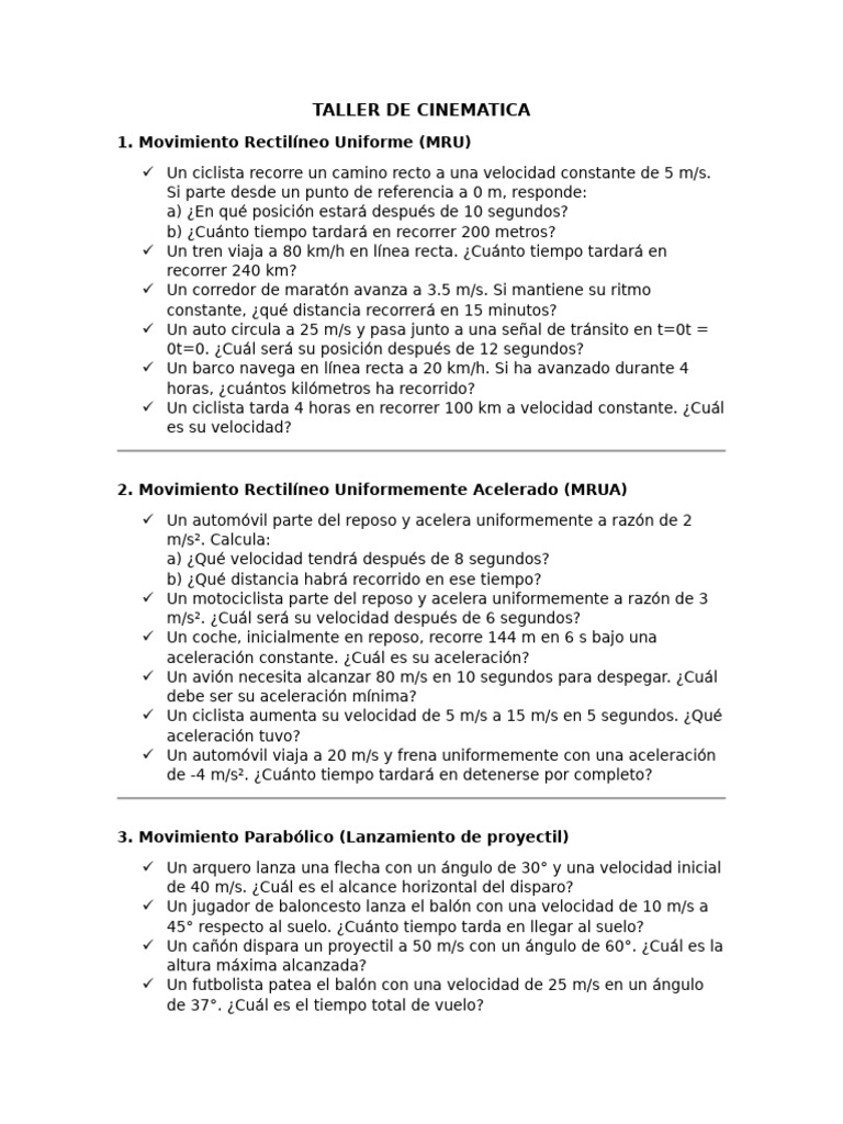 Taller de Cinematica | PDF | Cinemática | Velocidad