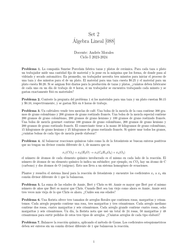 Problemas de Álgebra Lineal 2023-2024 | PDF | Estequiometría